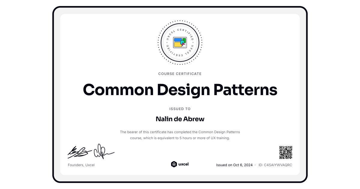 Certificate of completion for Common Design Patterns | Uxcel